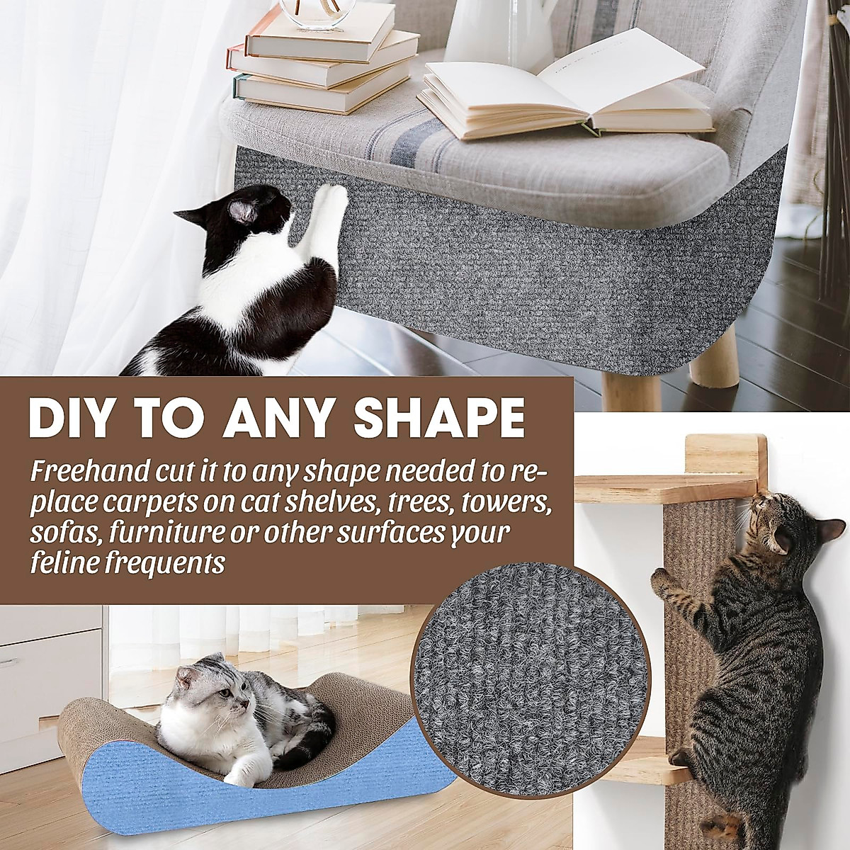 Cat Scratching Mat, 100"x16" Self-Adhesive Carpet Mat Trimmable Replacement for Cat Tree, Cat Wall Shelves, Cat Scratching Post, TanoFalo DIY Couch Furniture Protector (Light Gray)