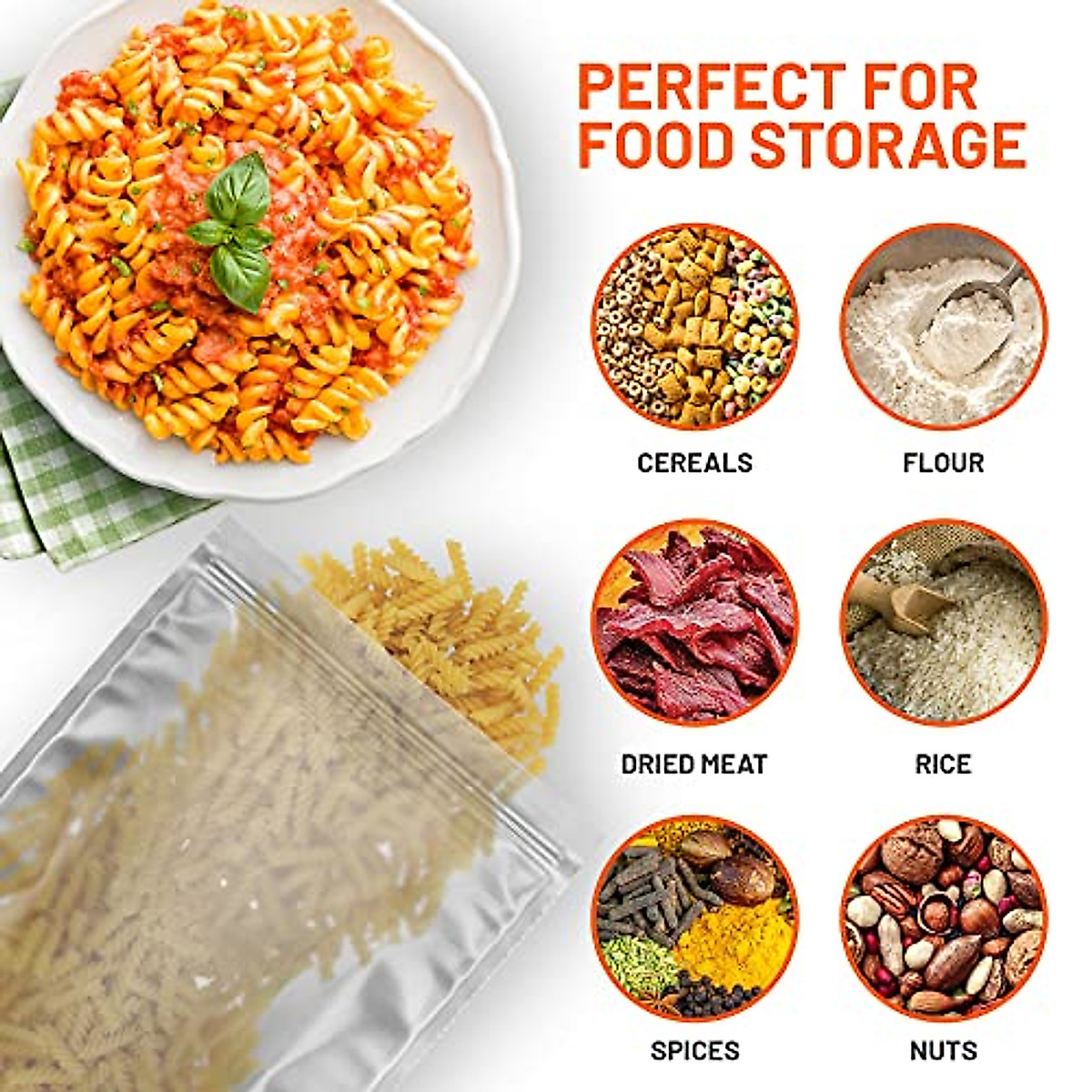 25pc- 1 Gallon Ziploc Mylar Bags with Red Labels - 12 Mil, 10"x 14", Reusable, & Airtight for Long Term Food Storage. Best bags for pantry organization and storage. Many uses around the home.