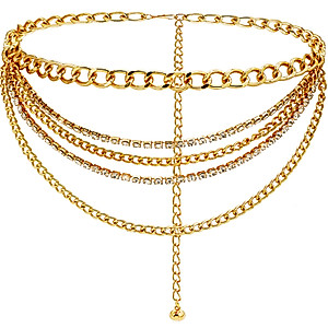 Glamorstar Multilayer Chain Belts for Women Rhinestone Waist Belt Punk Gorgeous Chain for Ladies Dresses Gold 130CM