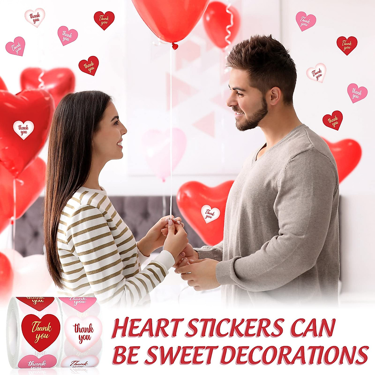 1000 Pieces Heart Thank You Sticker 1.5 inches Valentine's Day Red Pink Label Sticker Adhesive Thank Heart Shaped Sticker Thank Present Tag for Wedding Anniversaries Envelopes Greeting Cards, 2 Rolls