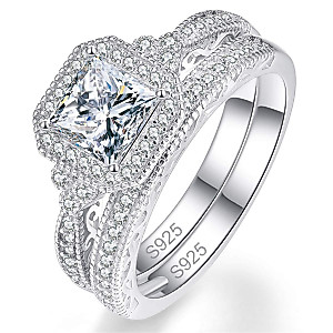 Yaresul 0.8ct Princess Cut Engagement Ring Sets 6X6mm White AAA Solitaire Cubic Zirconia Engagement Ring Set 925 Sterling Silver Wedding Ring Set for Women Size 9