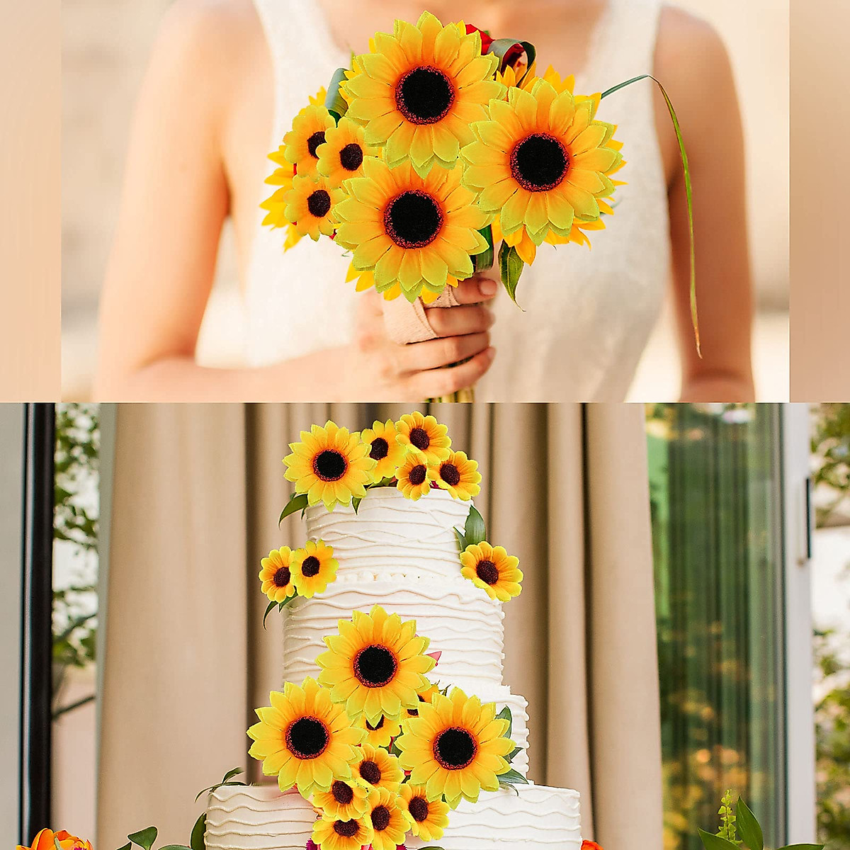 WILLBOND 124 Pieces Fake Sunflowers 3.5 Inch and 1.6 Inch Artificial Sunflower Heads Fabric Floral for Home Decoration Wedding Decor Bride Holding Flowers Garden Craft Art Decor