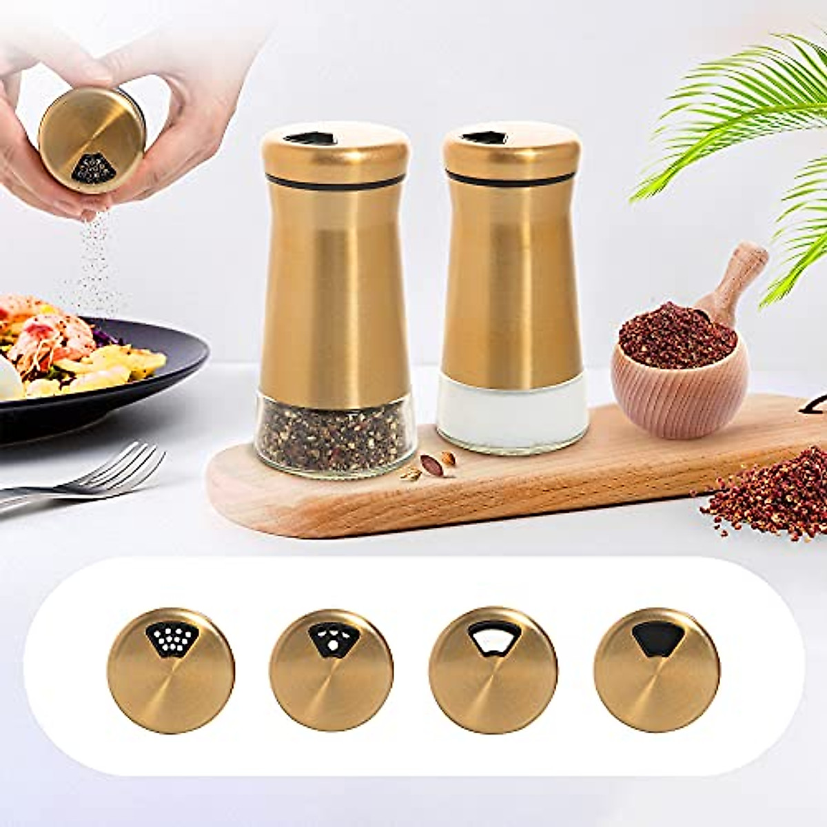 bonris Copper Stainless Steel Salt and Pepper Shakers,Clear Bottom Jar Bottle Container with Stainless Steel Top,with Adjustable Pouring Hole