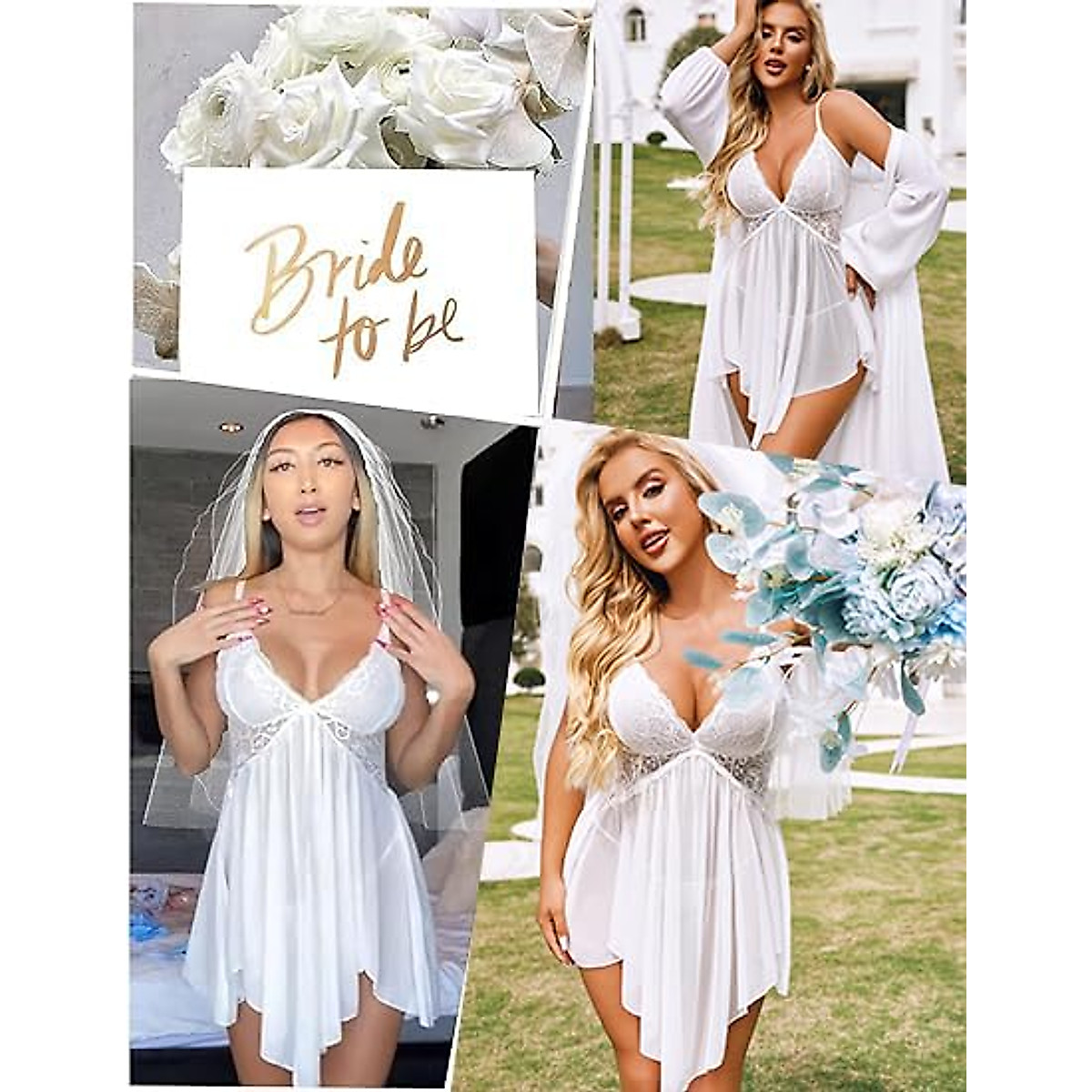 Avidlove Bridal Lingerie for Women Lace Babydoll Sleepwear V Neck Boudoir Outfits Wedding Lingerie for Bride(White,M)