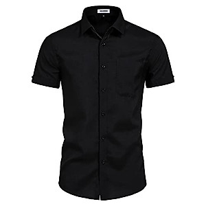 DELCARINO Men's Short Sleeve Button Up Linen Shirts Summer Casual Pocket Beach Shirts Black Small