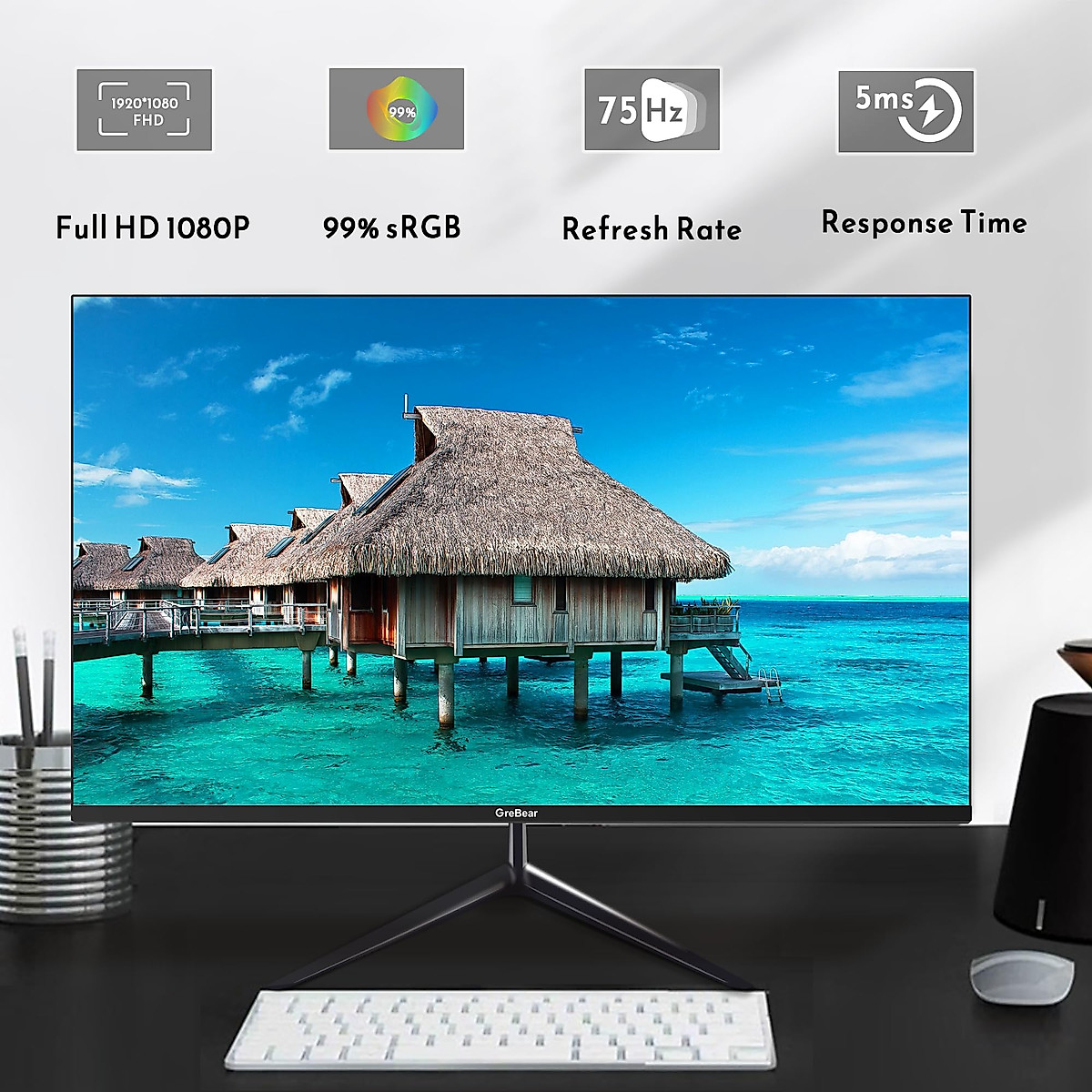 GreBear 24 Inch Computer Monitor, FHD 1080p PC Monitor 75hz Built in Speakers, 99% sRGB Low Blue Light Anti-Glare VA Screen Desktop Display w/HDMI/USB Type-C/Freesync Tilt Adjustable 75 x 75 mm VESA