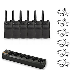 6 Pack of Motorola RMU2040 Radios with 6 Push to Talk (PTT) earpieces and a 6-Bank Radio Charger