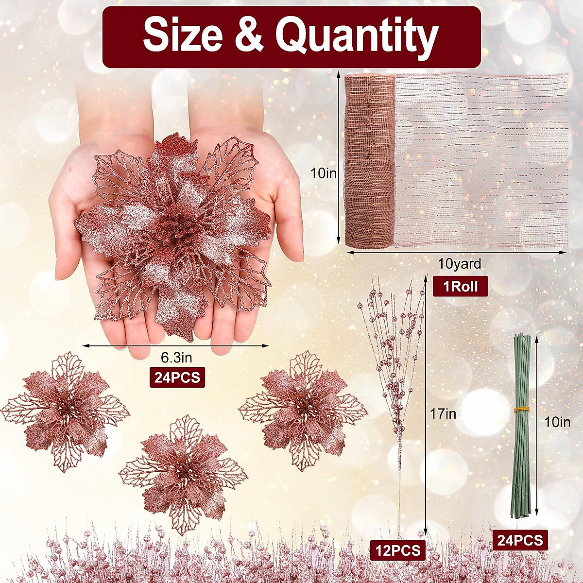Lyrow 37 Pcs Rose Gold Christmas Glitter Poinsettia Artificial Berry Stem 10" 30 ft Deco Mesh Ribbon Set, Include 24 Christmas Flower with Stem, 12 Christmas Tree Pick 17" and Metallic Mesh Ribbon