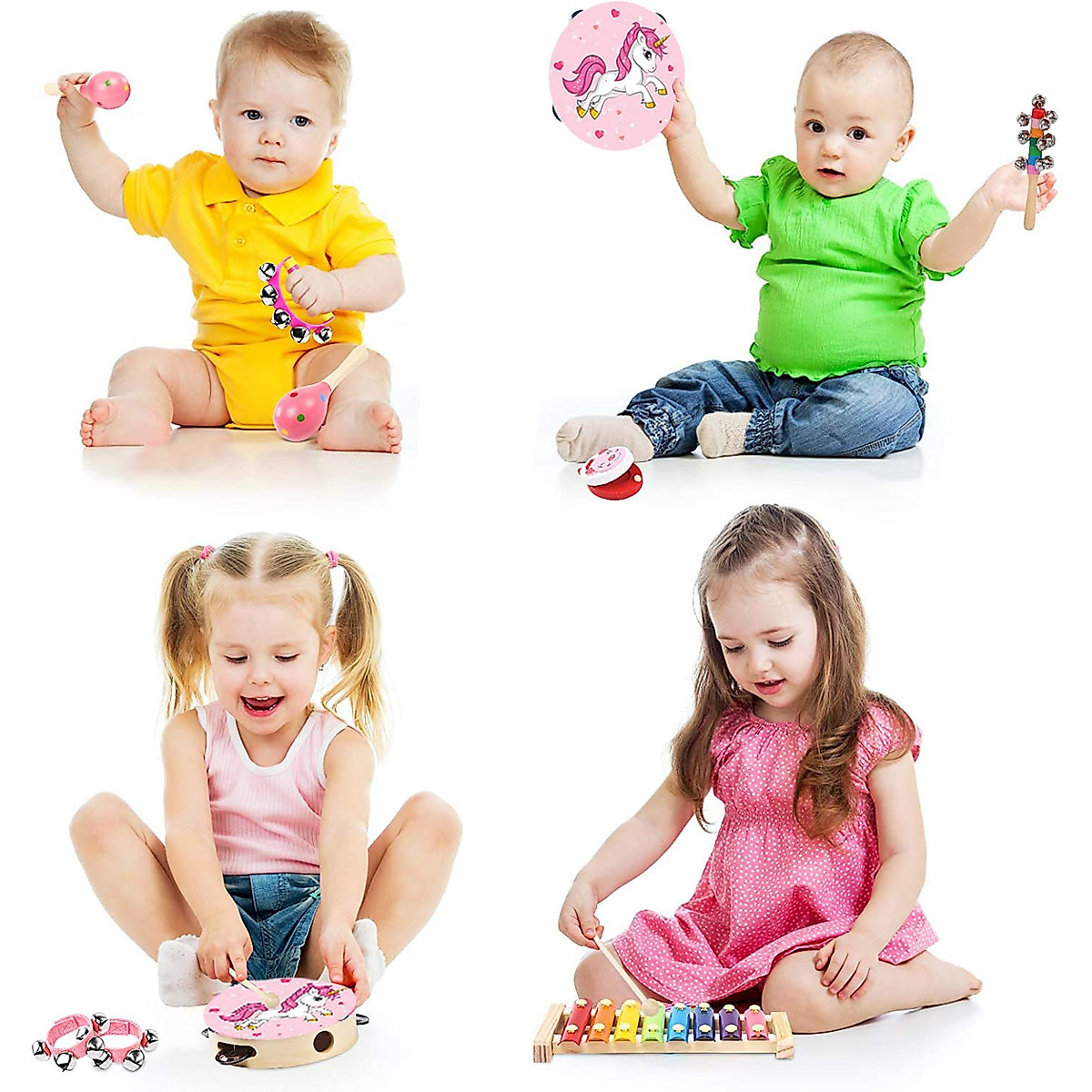 Kids Musical Instruments Sets, 12pcs Wooden Percussion Instruments Toys Tambourine Xylophone for Kids Playing Preschool Education, Early Learning Musical Toys for Boys Girls Gift (Pink)