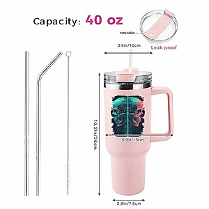 LB LEOBON 40 ounce insulated cup with handle, double-layer vacuum stainless steel material, equipped with straw, can keep warm or maintain cold drinks Neone Poppe Skeletons 2 Light pink