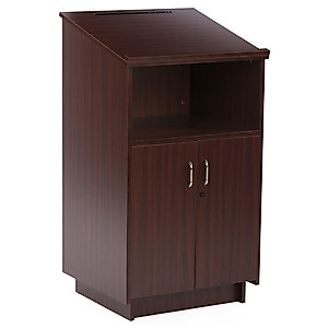 45.5" Tall Podium with Locking Cabinet, Shelf, 25" Angled Surface with Lip (Mahogany)
