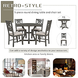 Bellemave 5 Piece Round Dining Table Set for 4 Round Dining Room Table Set with Storage Shelf Retro Round Table with 4 Chairs for Dining Room Dinette Breakfast Nook, Gray