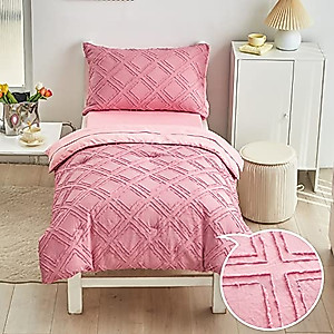 4 Pieces Tufted Toddler Bedding Set Solid Pink Jacquard Tufts, Soft and Embroidery Shabby Chic Boho Bohemian Design for Baby Girls, Includes Comforter, Flat Sheet, Fitted Sheet and Pillowcase