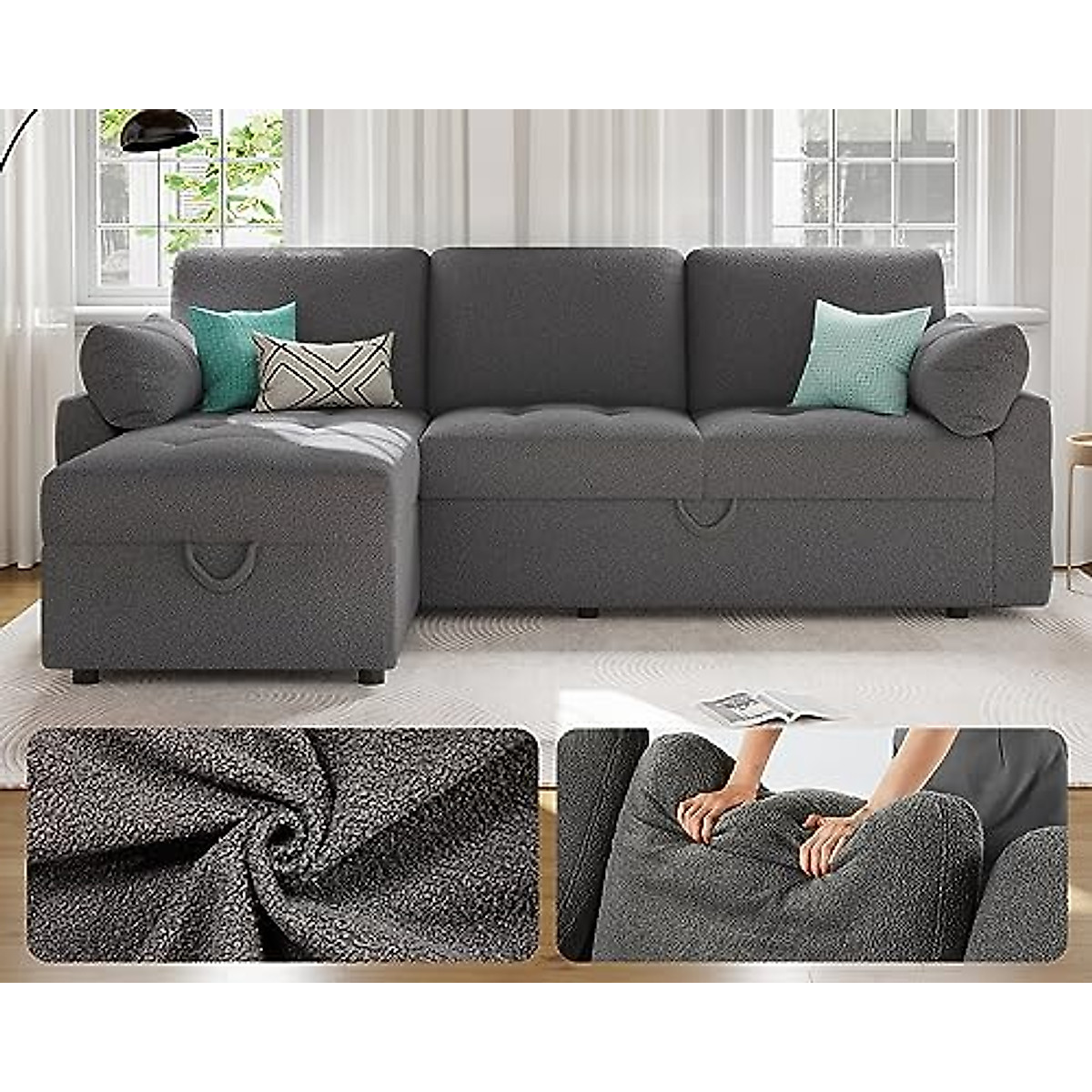 papababe Convertible Sofa Bed, Modern Tufted Sleeper Sofa, Pull Out Couch Bed with Chaise, Sleeper Sectional Sofa for Living Room (Boucle Grey)
