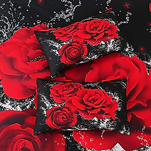 Djoymock Rose Duvet Cover Set Queen Red Floral Printed Bedding Set 3 Pieces Reversible Soft Microfiber Romantic Comforter Cover Set Home Decor for All Season (1 Duvet Cover + 2 Pillowcases) 90"x90"