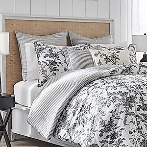Laura Ashley - Queen Comforter Set, Reversible Cotton Bedding, Includes Matching Shams with Bonus Euro Shams & Throw Pillows (Amberley Black/White, Queen)