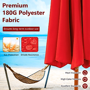 Tangkula 9.5 FT Red Wooden Pulley Umbrella with 8 Fiberglass Ribs, Rope Pulley Mechanism, and Vented Canopy for Patio, Deck, Poolside, Garden, Lawn, Terrace