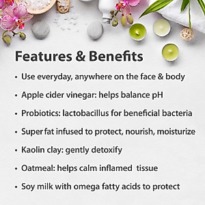 One With Nature Feminine Cleansing Bar, Petal Fresh, Probiotics, Apple Cider Vinegar, Omega Fatty Acids, Oatmeal, Pure, Gentle Cleansing Bar for Sensitive Skin, Face, Body, 3.5 Oz (Pack of 3)