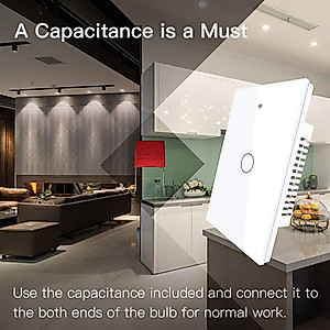 MOES Touch Wall Single Live Wire Smart Switch，No Neutral Wire Needed, 2.4GHz WiFi RF433 Light Switch Works with Smart Life/Tuya App, Alexa and Google Home, Single Pole 110V, White 1 Gang