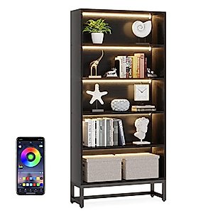 LED Bookcase, 70.8” Tall Bookshelf with Closed Back Shelf, 5-Tier Large Bookcases Organizer with Storage Shelves, Heavy Duty Freestanding Library Book Cases Shelving Unit for Living Room, Bedroom