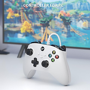 YCCSKY Wired PC Controller for Gaming, Controller for Windows 7/8/10/11 with 3.5mm Headphone Plug, Turbo Function, Dual Vibration and Share Button (Pure White)