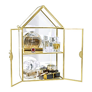 Wall Glass Cabinet Display for Perfume, Small Glass Display Curio Cabinets with Doors Wall Mounted, 2 Tiered Small Gold Curio Cabinet with Mirror Cosmetics Perfumes Storage for Bathroom