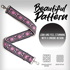 Pink Cotton Handbag Strap & Purse Strap Replacement - Jacquard Woven Embroidered Guitar Strap Styled Shoulder & Crossbody Strap - Adjustable Bag Strap For Tote And Messenger Bags – Silver Hardware