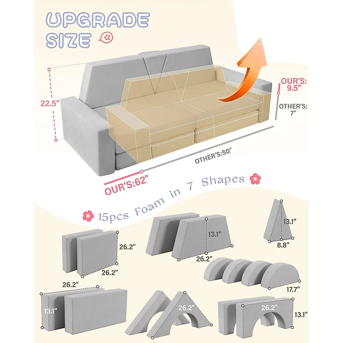 YEFU 15pcs Modular Kids Play Couch for Toddler-Cushion for Nugget Couch Kids, Convertible Kids Play Couch-Kids Sofa for Playroom and Bedroom Furniture for Toddlers, Play Couch for Boys and Girls, Grey