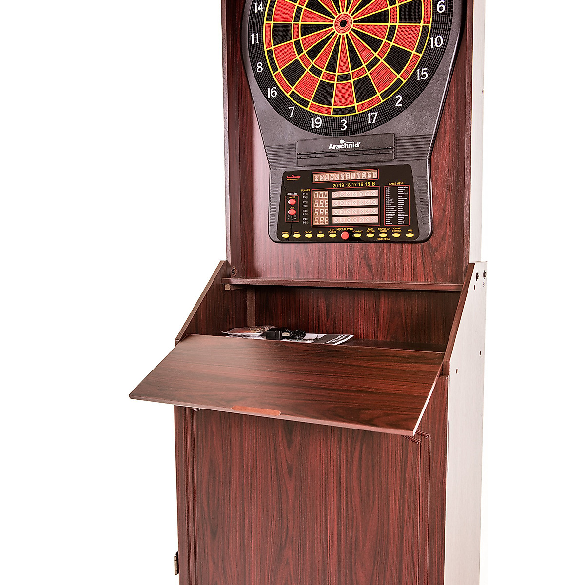 Arachnid Cricket Pro 800 Standing Electronic Dartboard with Cherry Finish, Regulation 15.5” Target Area, 8-Player Score Display and 39 Games Brown