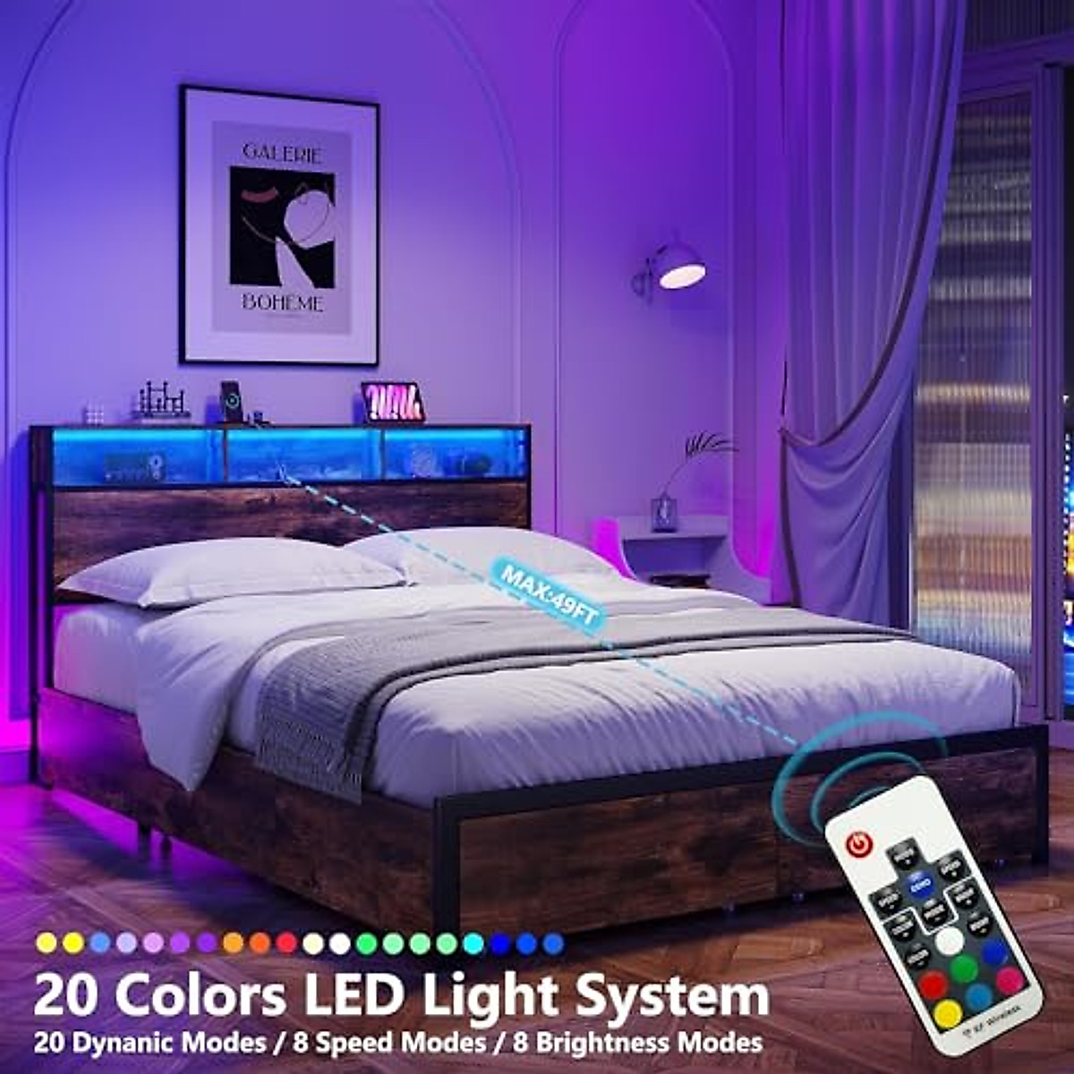 Furnideco Full Bed Frame with Bookcase Headboard and 4 Storage Drawers, Metal Platform Bed Frame with LED Light, Mattress Foundation with Metal Slats Support, No Box Spring Needed