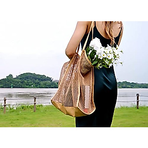Covelin Women's Beach Tote Bag, Mesh Handbag Top-Handle Shoulder Bag Tan