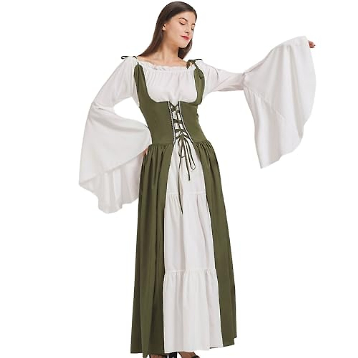 Vianinfalo Renaissance Dress Women Irish Medieval Pirate Costume Ren Faire Dresses Halloween Costume (Olive S/M)