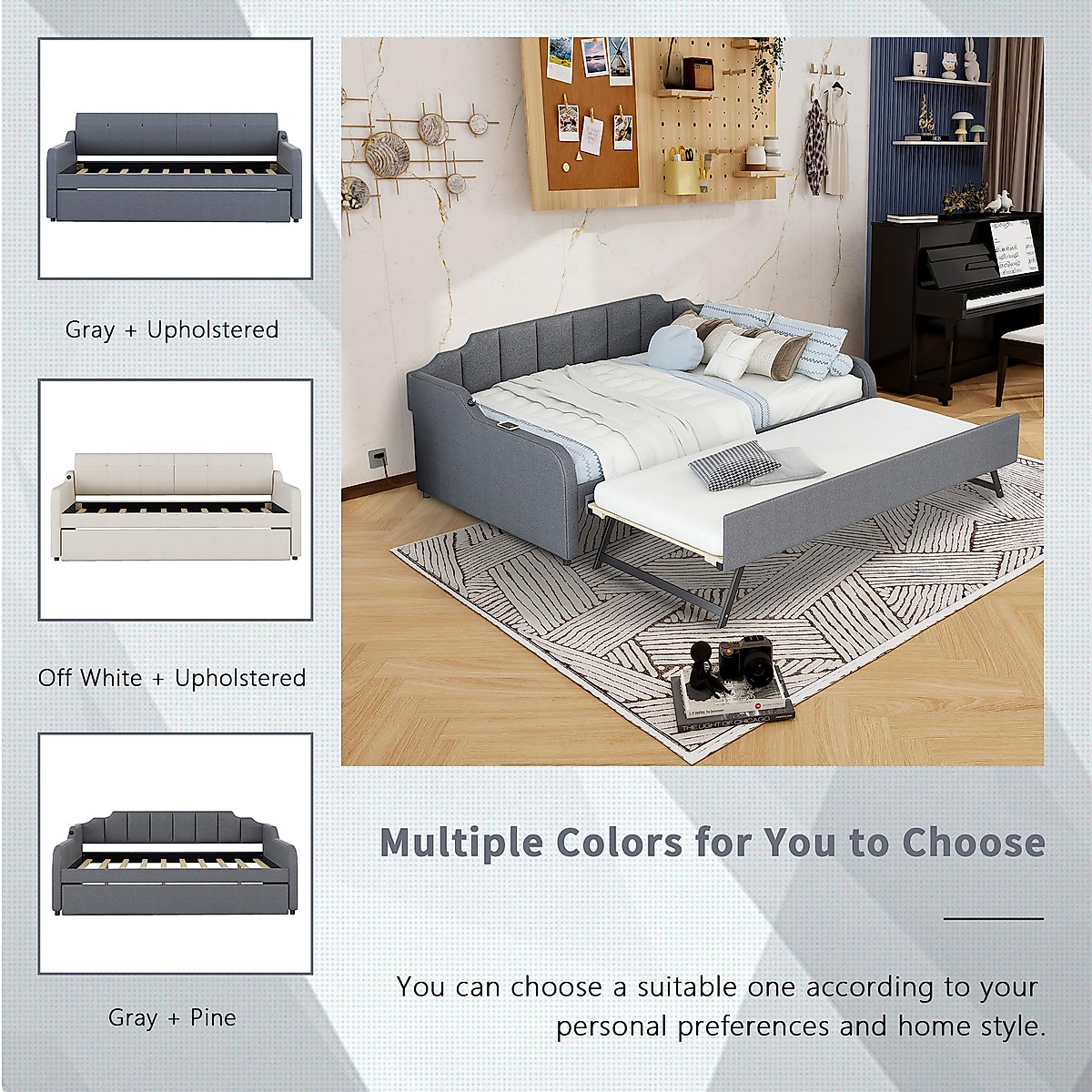 LUSPAZ Upholstered Elegant Daybed with Adjustable Pop Up Trundle and USB Charging Design, Full Size Sofa Bed with Button Design, Wood Slat Support Daybed for Family, Teens, (Gray + Pine)