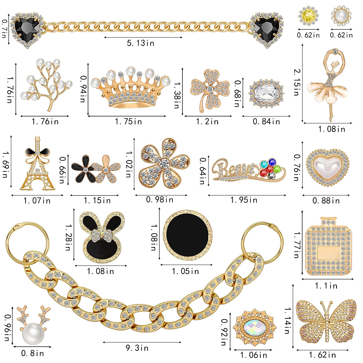 22PCS Gold Bling croc Jewelry Shoes Charms Diamond Rhinestone with Chains Accessories Decoration for Girls Women