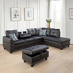 GEBADOL Living Room Furniture Sets,Small Leather Sectional Sofa,L Shaped Couch with Cup Holder and Ottoman(Right-Facing,Black Leather Sofa)