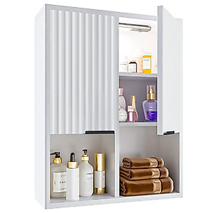 HAIOOU Fluted Bathroom Wall Cabinet with Motion Sensor Light, Curved Profile Wooden Medicine Cabinet Wall Mounted Cupboard, Wave Like Over Toilet Storage Cabinet with Buffering Hinges - Modern White