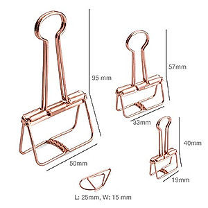 Rose Gold Wire Binder Clips and Cute Paper Clips Set Assorted Sizes, 2 Large 6 Medium 10 Small Smooth Stainless Hollow Office Clamp Clips