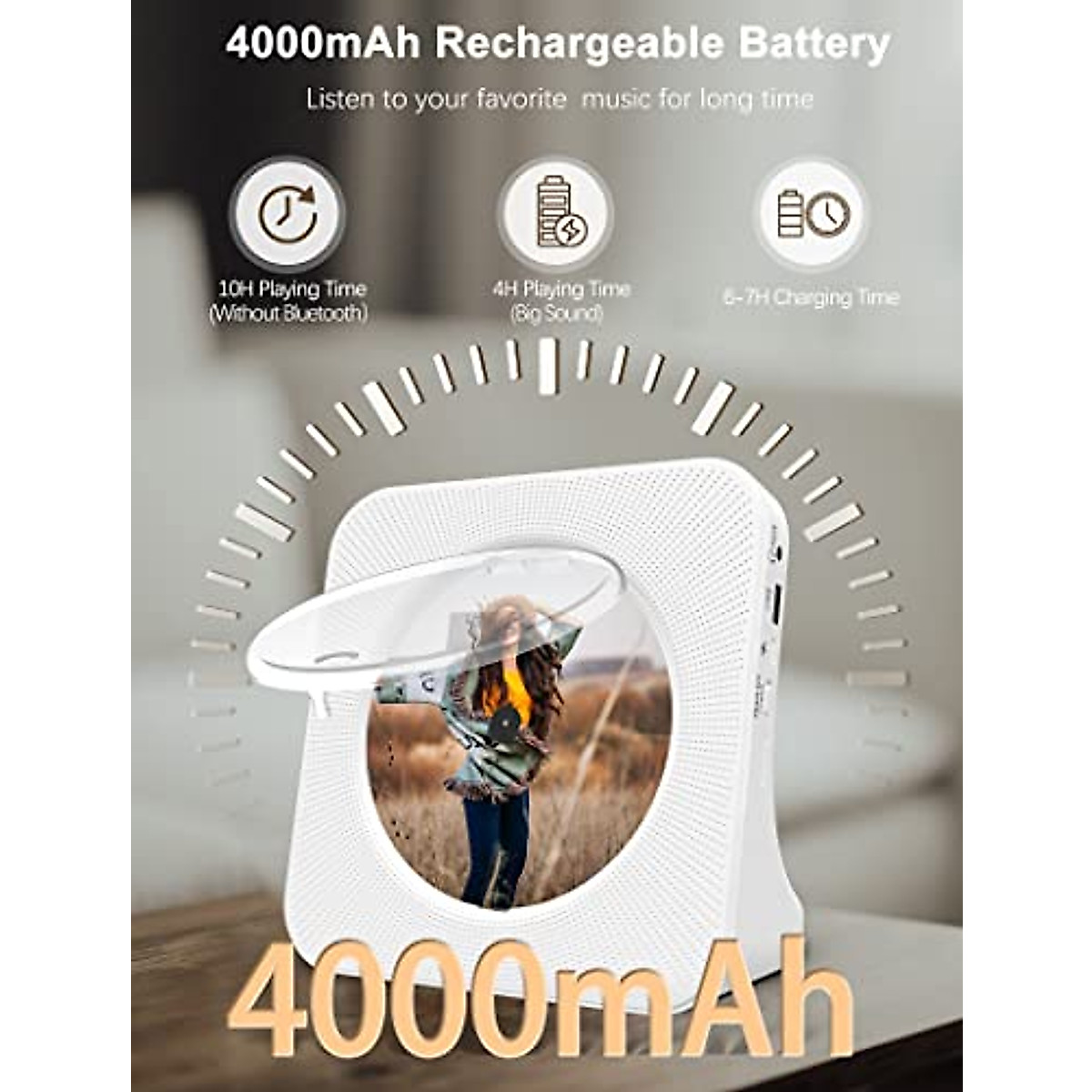 4000mAh Rechargeable Portable CD Player:Kpop Music Player with Bluetooth HiFi Speaker,Remote Control,LCD Display,Sleep Timer,Headphone Jack, Supports CD/Bluetooth/FM Radio/U-Disk/AUX