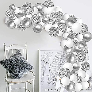 Bezente White Silver Balloon Garland Kit,100Pcs White Silver Metallic Chrome and Silver Confetti Balloons with Balloon Tape for Wedding, Prom,Special Events Party Decoration.