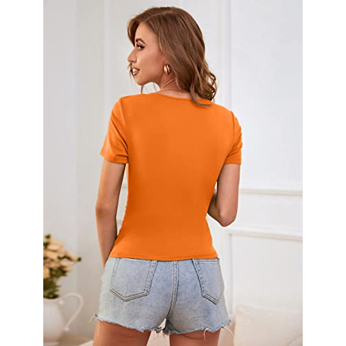 ANRILITA Deep V Neck Tops for Women Summer Casual Sexy Short Sleeve Slim Fitted Bodycon Cross Wrap Crop Tops T Shirts Orange