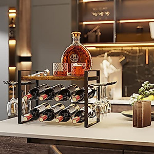 JAFUSI Wine Rack with Glass Holder, Countertop Wine Rack Metal Frame, Wine Holder Stand with Wooden Tray, Bottles Rack for Home Decor Kitchen Storage (Hold 8 Bottles and 4~6 Glasses)