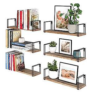 Wallniture Avila Floating Shelves, Wall Bookshelf Living Room Decor Shelves for Wall Storage, Kitchen Organization Home Office Decor DVD Storage Burnt, Set of 6