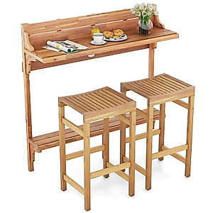 Tangkula 3 Pieces Acacia Wood Balcony Table Set, Outdoor Bar Height Table & 2 Bar Stools w/Shelf, Footrest, Curved Wood Seat, Back Rail for Assembly, for Balcony, Patio and Small Outside Space (1)