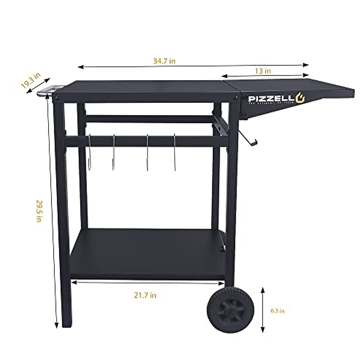 Pizzello Outdoor Grill Cart Double-Shelf Grill Table Foldable Tabletop Movable Food Prep Pizza Carts Outside Kitchen Pizza Oven Stand Trolley with 2 Wheels, Hooks