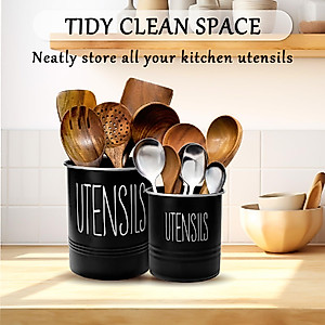 CHEODIN 2 Pack Kitchen Utensil Holders, 6.7"+ 4.7" Utensil Hodler for Countertop, Cooking Utensil Crock with Cork Bottom, Modern Farmhous Kitchen Decor, Black