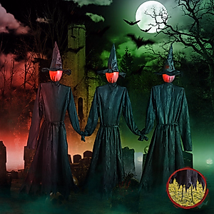 Halloween Decorations Outdoor 3PCS Light Up Witches Holding Hands Witches with Stakes, Scary Screaming Witches with Glowing Face, Creepy Halloween Party Props Decor for Yard Garden Outside Lawn Porch