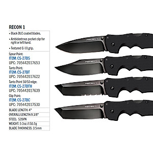 Cold Steel Recon 1 Series Tactical Folding Knife with Tri-Ad Lock and Pocket Clip - Made with Premium CPM-S35VN Steel, Tanto Plain Edge