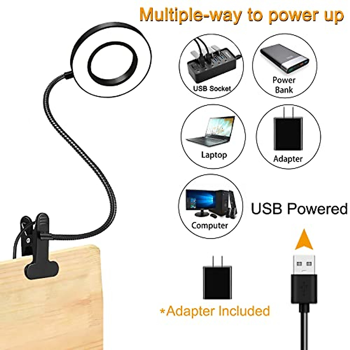 Clip on Light Reading Lamp for Bed, 4.7" USB Desk Light with Clamp 3 Lighting Modes10 Brightness, Eye Protection Book Clamp Light, 360° Flexible Gooseneck Table Light for Bed Headboard Makeup Eyebrow