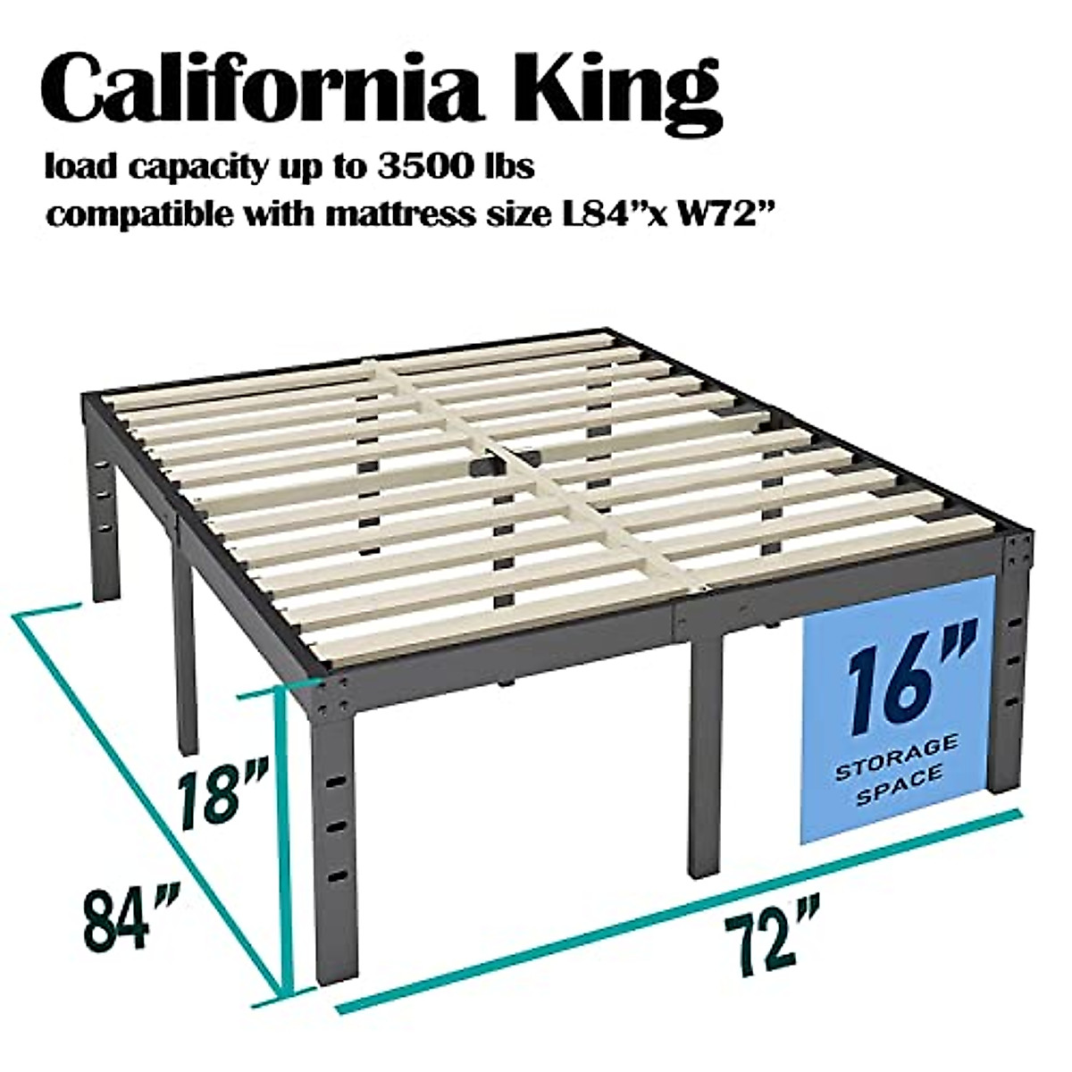 Auroral California King Bed Frame 18 Inch Tall 3 Inches Wide Wood Slats with 3500 Pounds Support for Foam Mattress/ No Box Spring Needed / Underneath Storage / Noise Free / Easy Assembly-Black