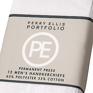Perry Ellis 12 Pack Handkerchief (Permanent Press White with Satin Cord, 16" x 16")
